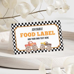 Editable Monster Truck Birthday Food Labels, Truck Party Folded Place ...