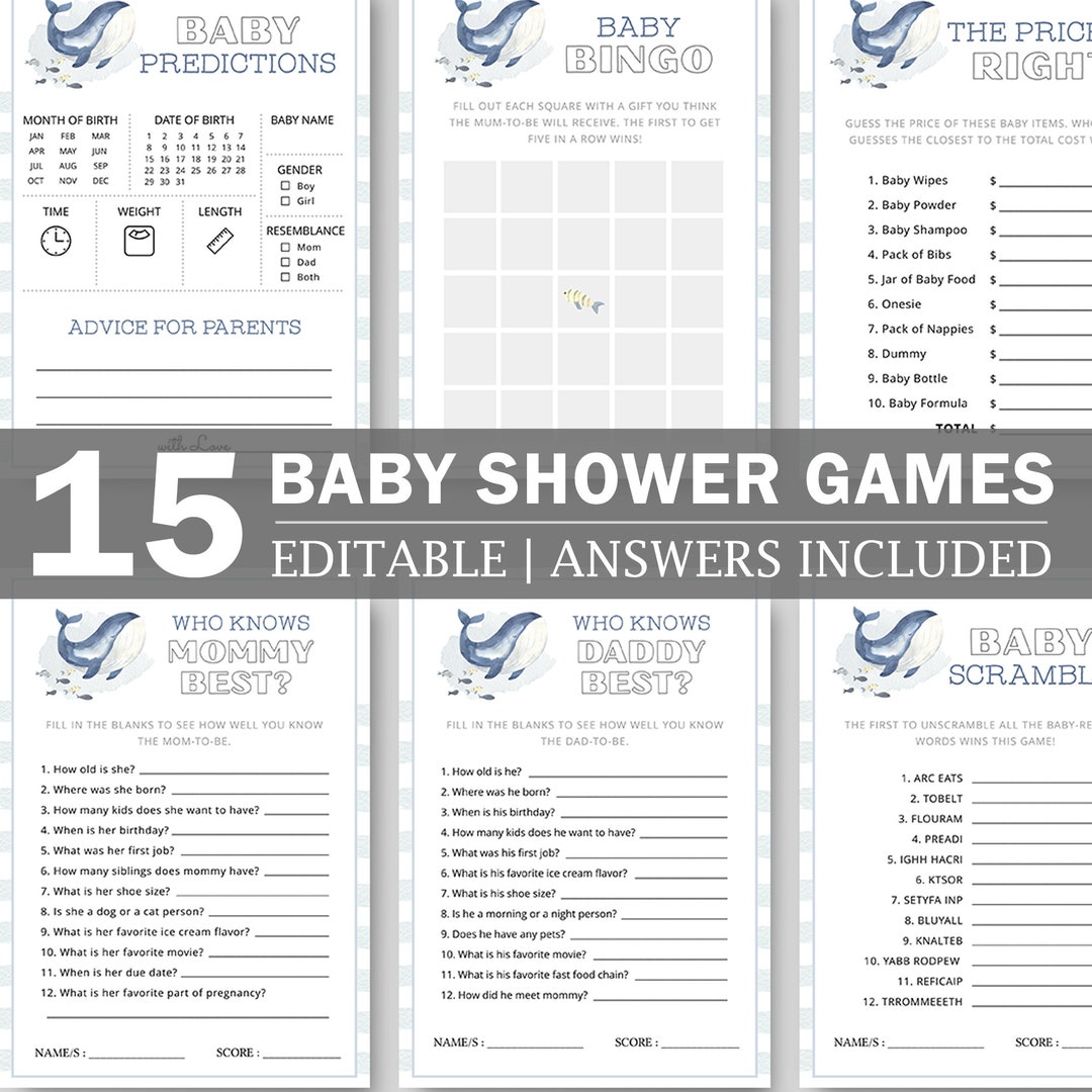 Editable Whale Baby Shower Games, Ocean Party Game Bundle, Popular Game ...