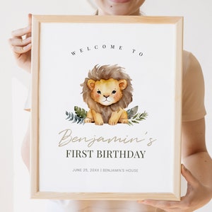 Editable Lion Birthday Welcome Sign, Minimalist Wild One Welcome Board ...