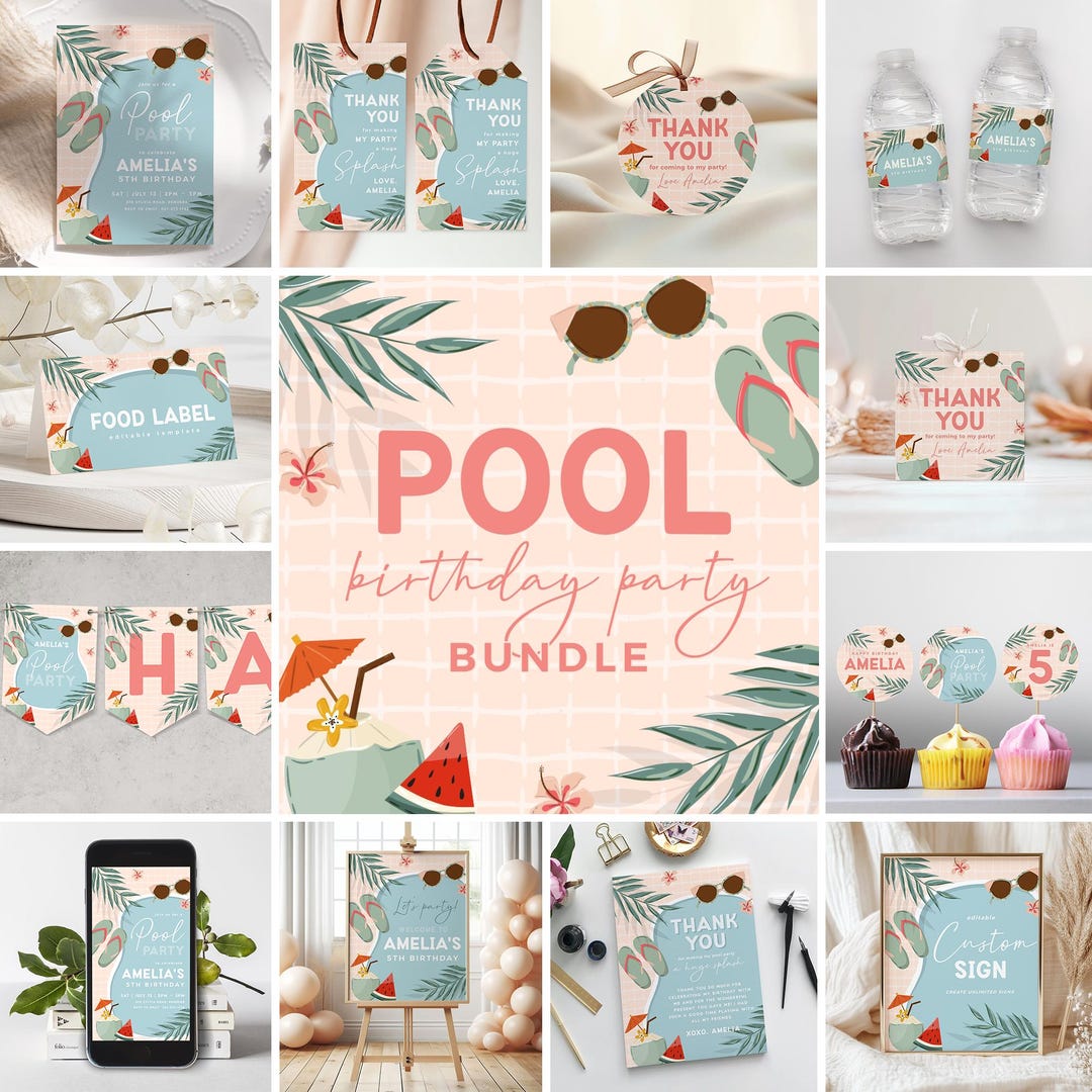 Pool Birthday Party Bundle, Swimming Party Collection, Summer Birthday ...