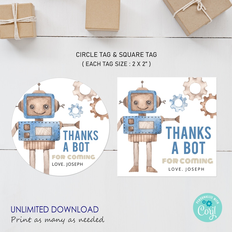 Editable Robot Favor Tags, Robot Birthday Gift Tags, Birthday Sticker ...