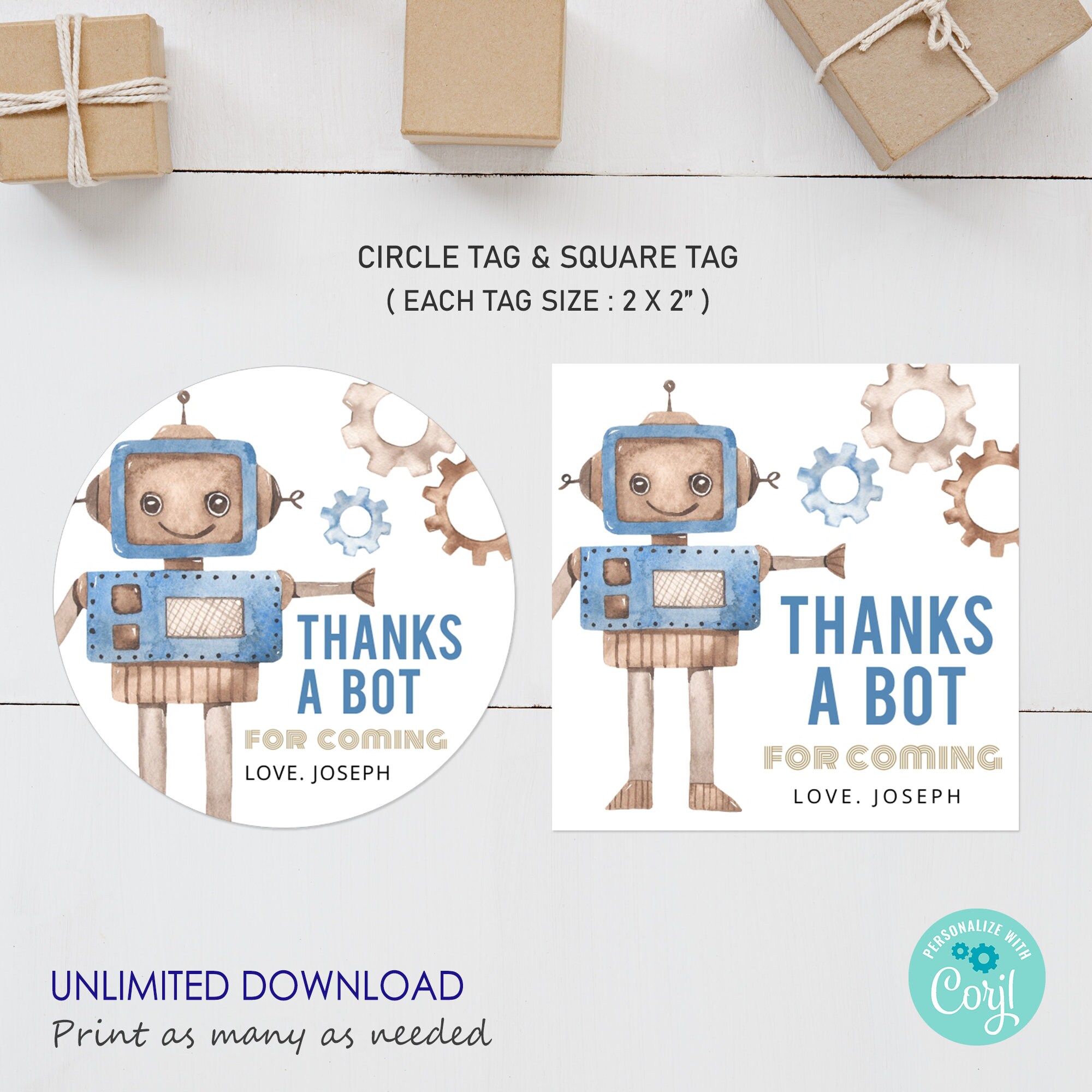 Editable Robot Favor Tags, Robot Birthday Gift Tags, Birthday Sticker ...