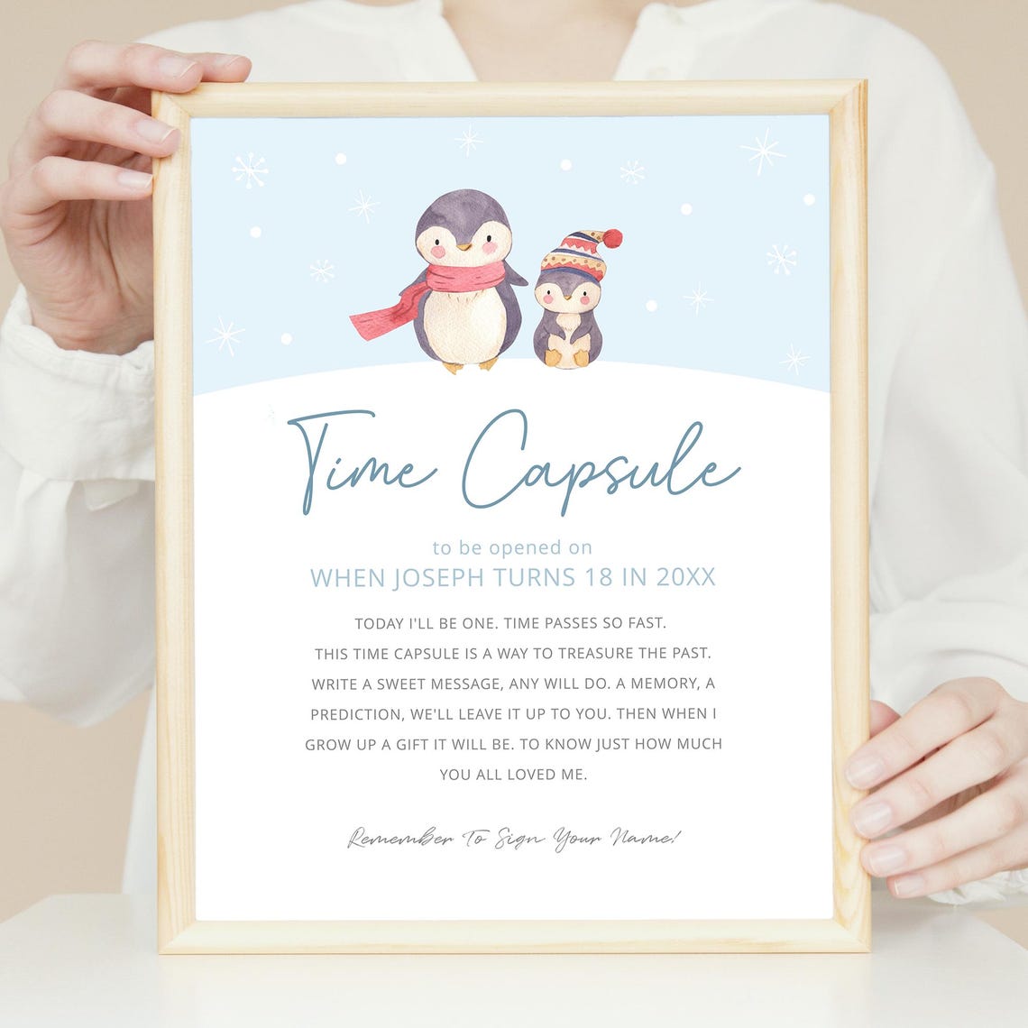 Editable Penguin First Birthday Time Capsule Sign, Penguin Message ...