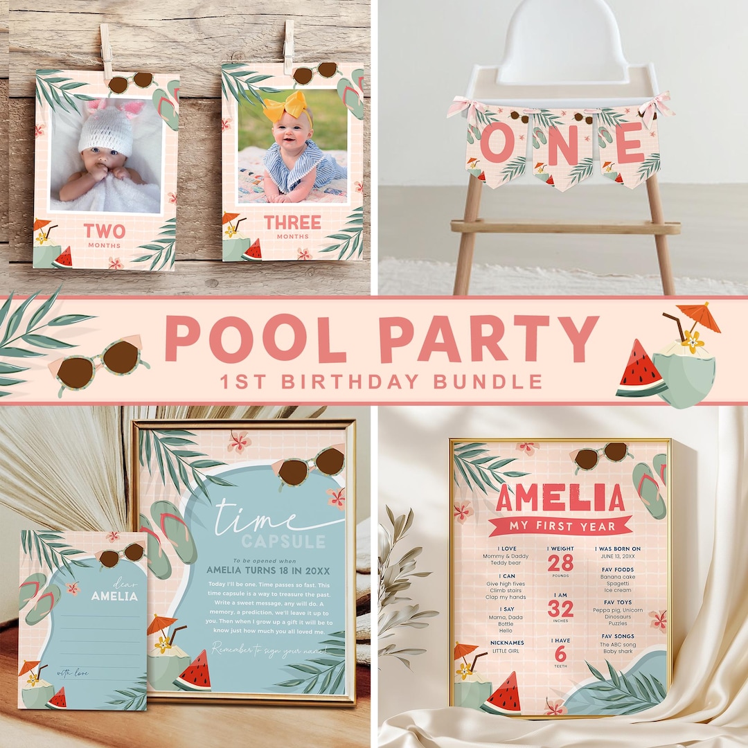 Pool Birthday Party Bundle, Swimming Party Collection, Summer 1st ...