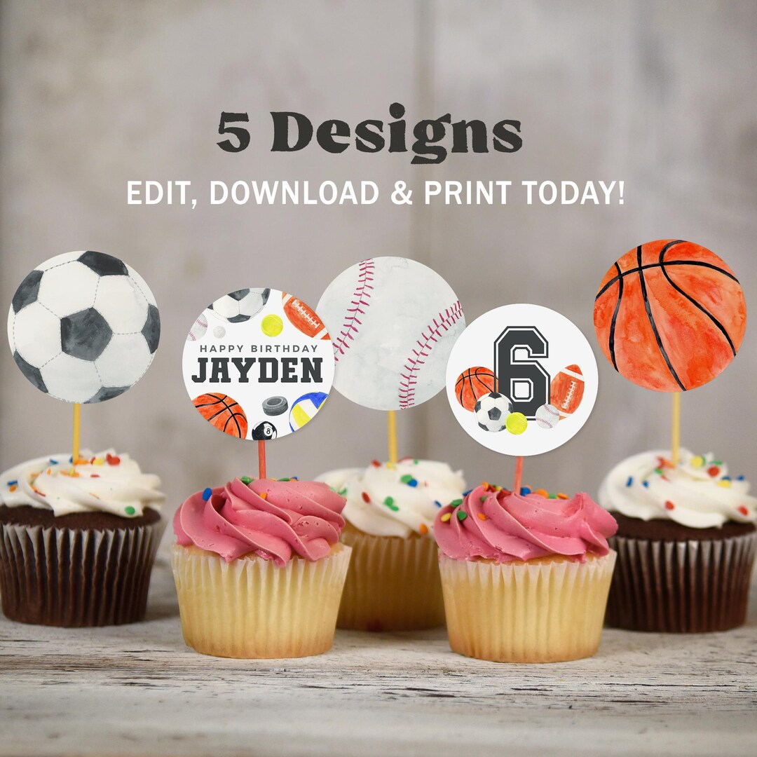 Sports Theme Birthday Cupcake Toppers, All Star Party Stickers, Boy ...