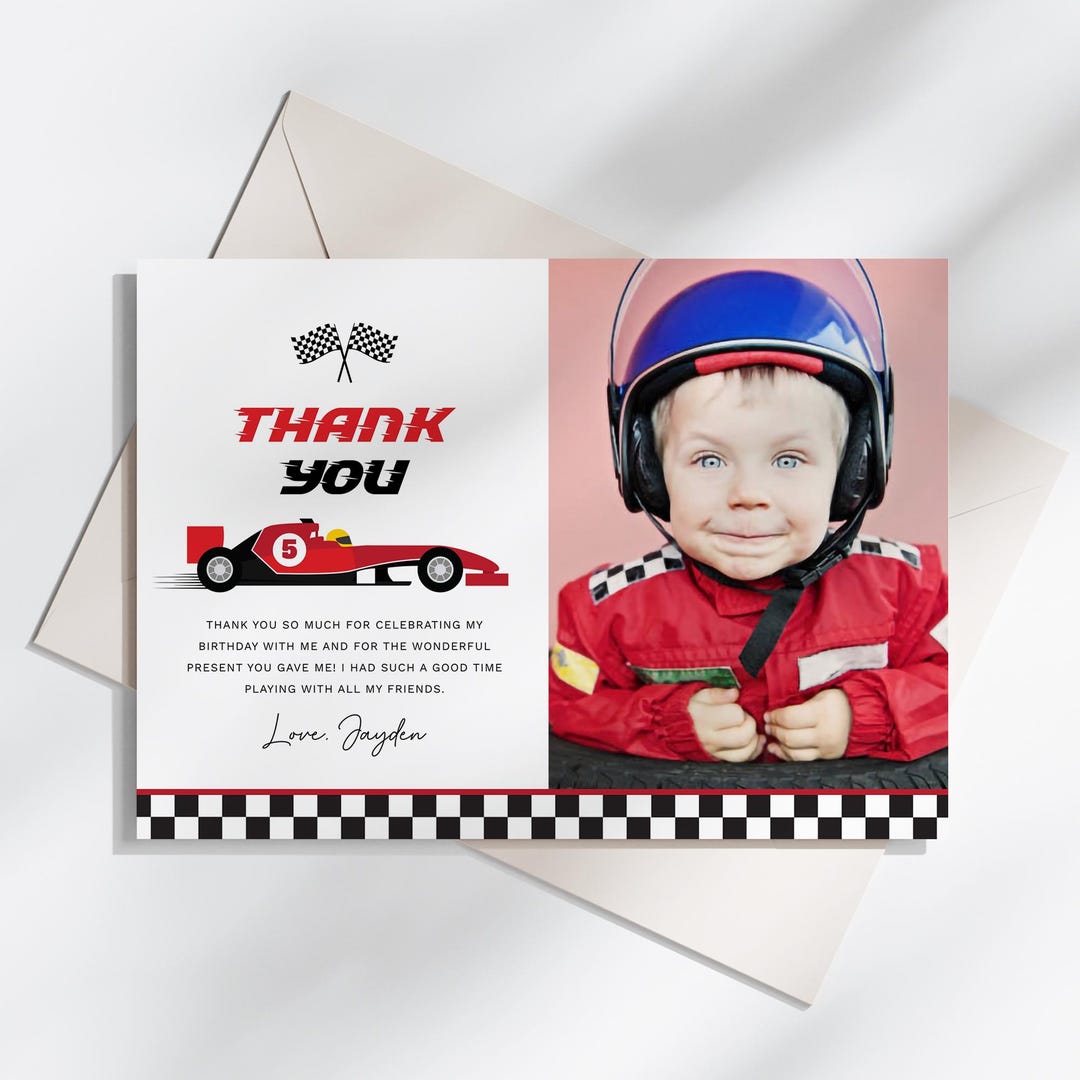 Race Car Birthday Thank You Card, Racing Car Party Photo Thank You Note ...