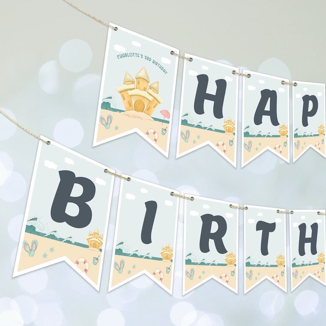 Editable Beach Happy Birthday Banner, Summer Party Bunting Banner, Sand ...