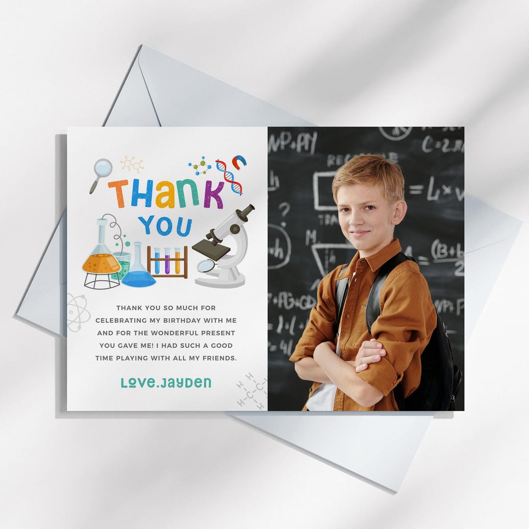 Editable Science Birthday Thank You Card, Mad Scientist Party Photo ...