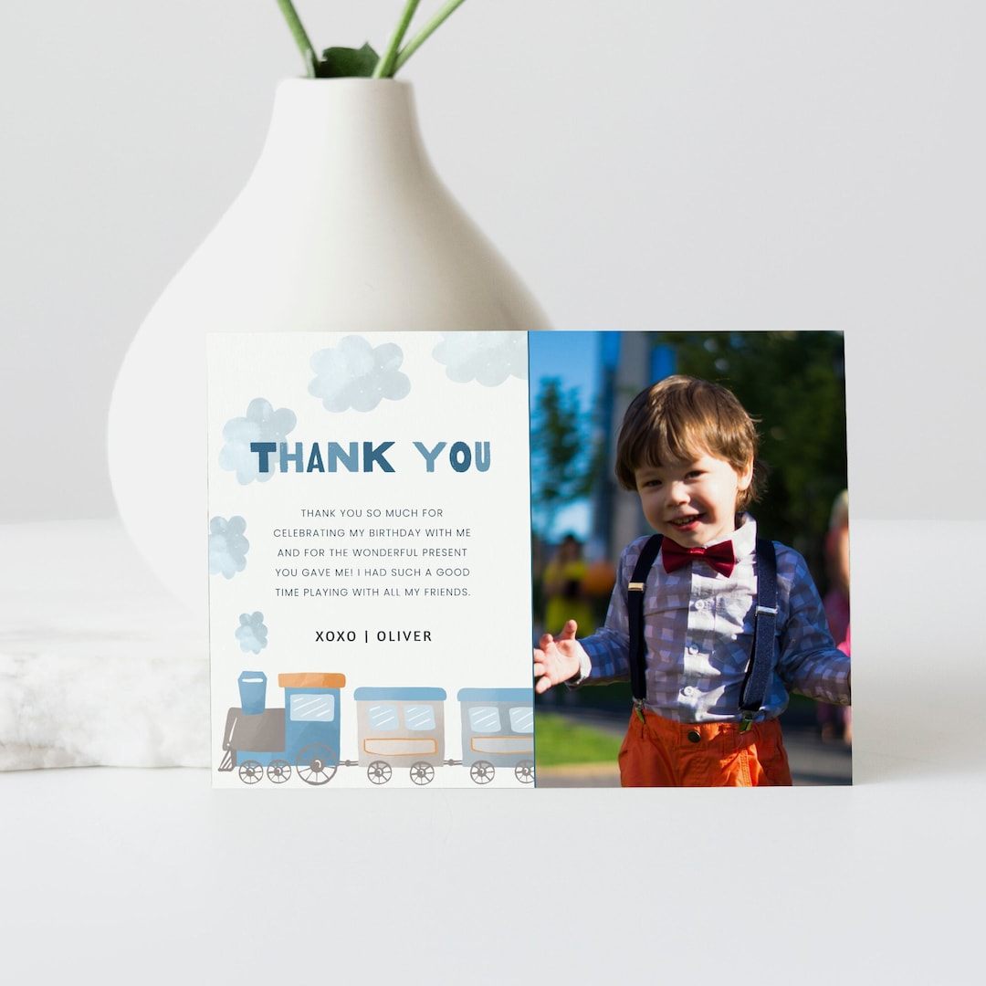Editable Train Birthday Photo Thank You Card, Choo Choo Train Thank You ...