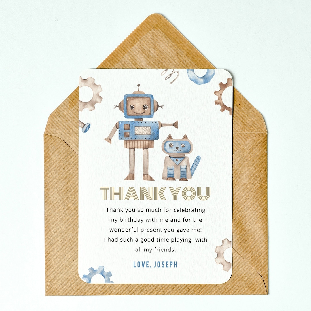 Editable Robot Party Thank You Card, Robot Birthday Thank You Note ...