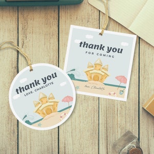Editable Beach Birthday Favor Tags, Beach Party Thank You Notes, Modern ...