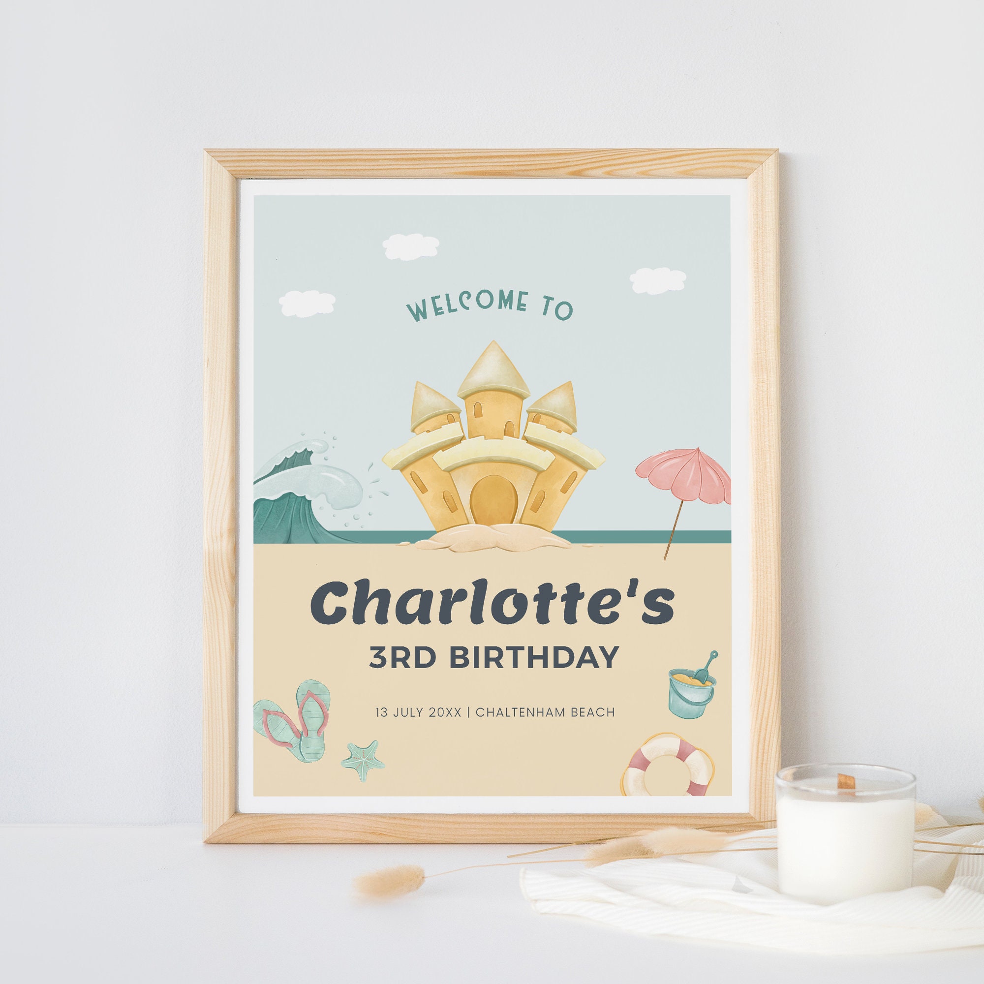 Editable Beach Birthday Welcome Sign, Modern Welcome Sign, Sand Castle ...