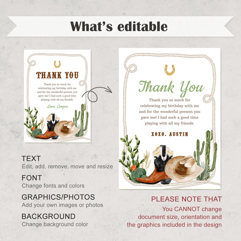 Editable Cowboy Birthday Thank You Card, Wild West Party Thank You Note ...