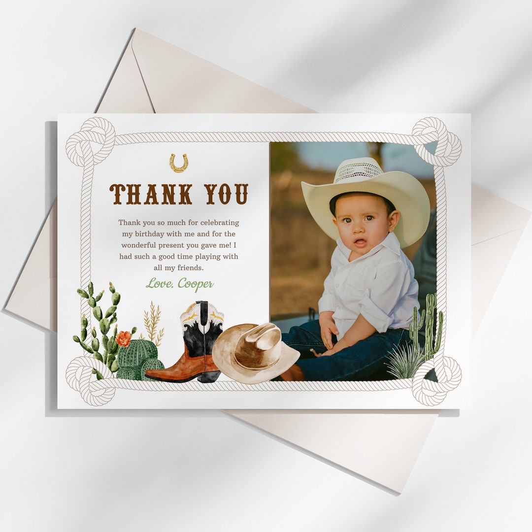 Editable Cowboy Birthday Photo Thank You Card, Modern Wild West Thank ...