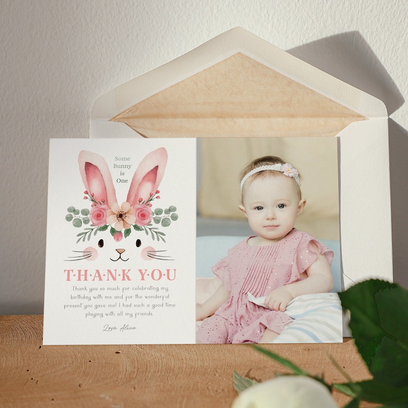 Editable Bunny Birthday Photo Thank You Card, Some Bunny is One Thank ...