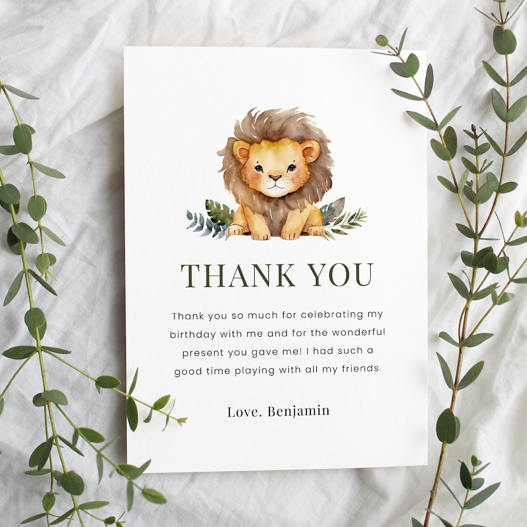 Editable Lion Birthday Thank You Card, Minimalist Lion Thank You Note ...