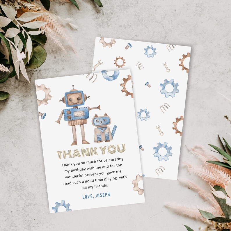 Editable Robot Party Thank You Card, Robot Birthday Thank You Note ...