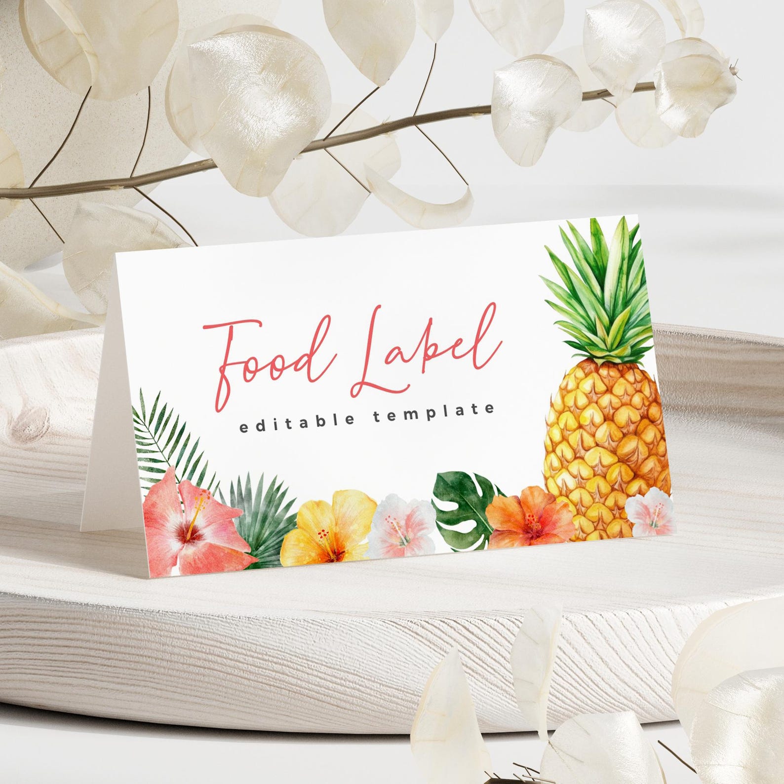Tropical Summer Party Food Label, Hawaiian Party Folded Place Card ...
