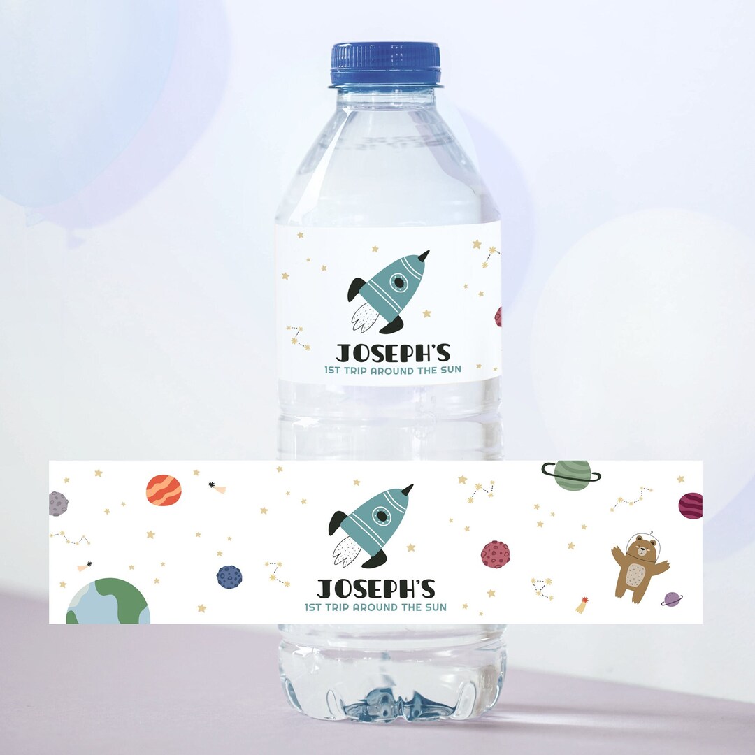 Outer Space Birthday Water Bottle Label, Bear Astronaut Party Bottle ...
