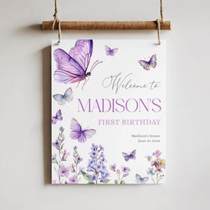 Purple Butterfly Birthday Party Welcome Sign, Modern Garden Themed ...