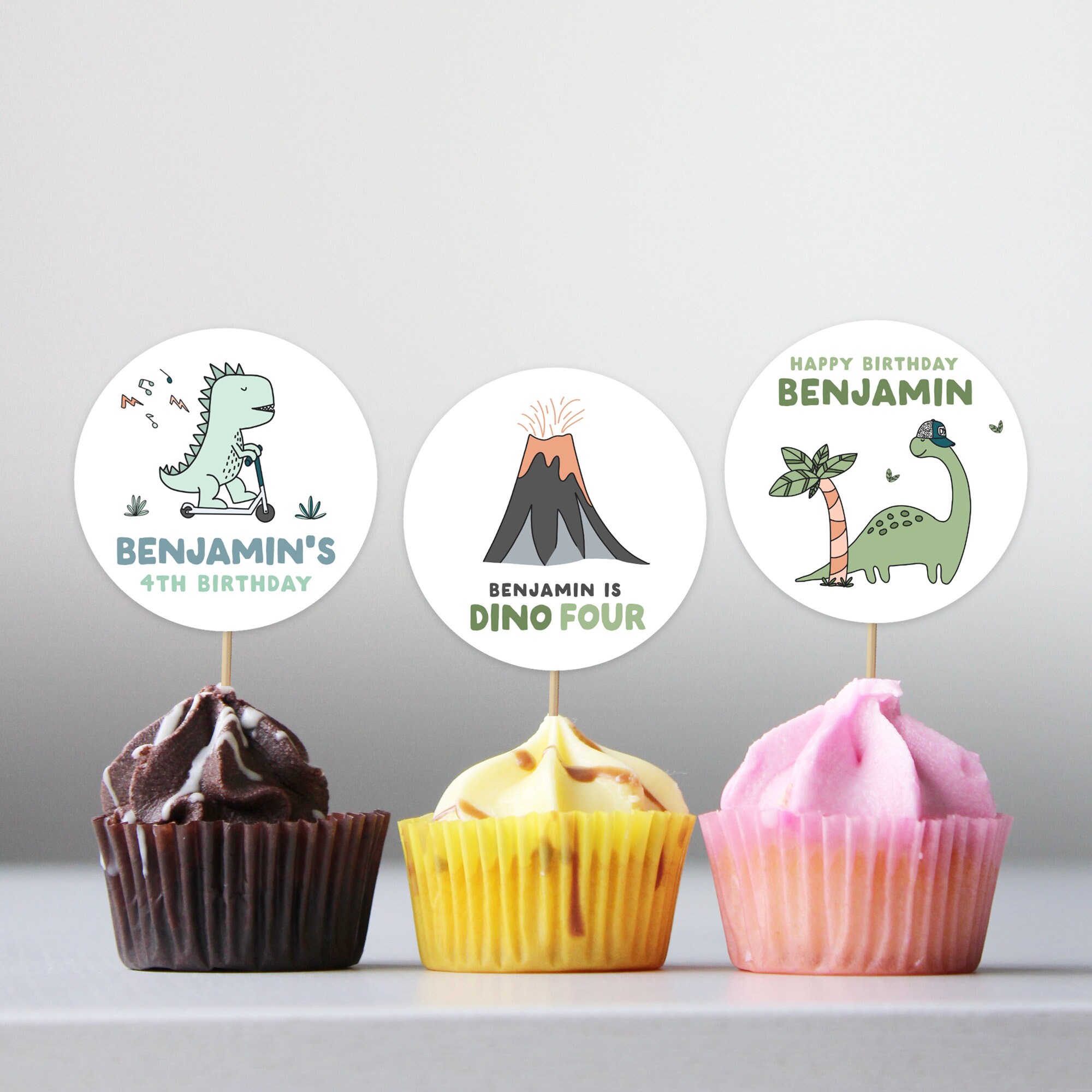 Editable Dinosaur Birthday Cupcake Toppers, Dinosaur Birthday Stickers ...