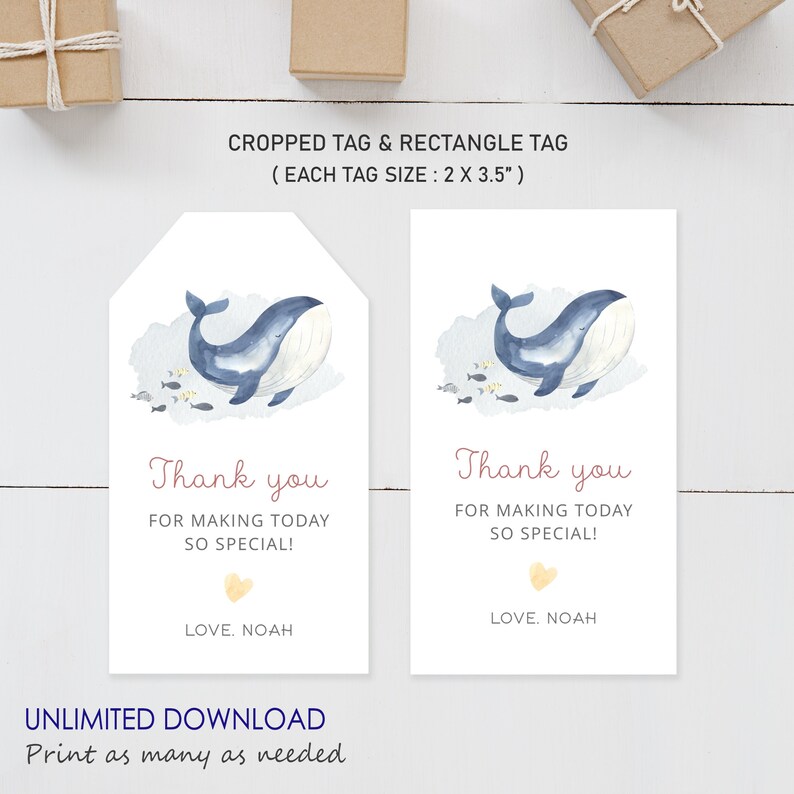 Editable Whale Birthday Favor Tags Ocean Party Thank You - Etsy