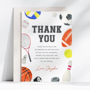 Sports Theme Birthday Thank You Card, All Star Party Thank You Note ...