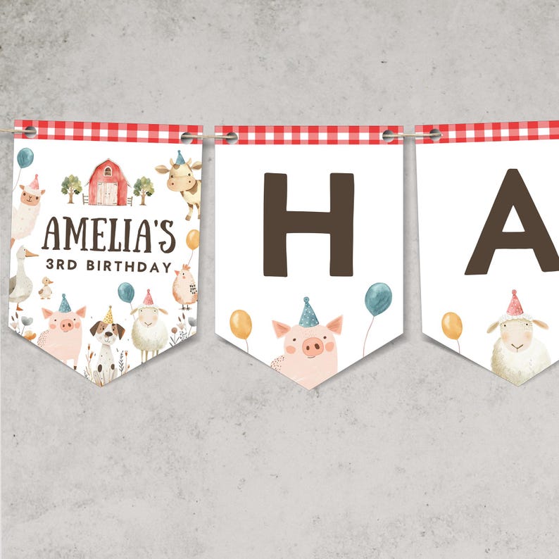 Farm Happy Birthday Banner, Barnyard Party Bunting Banner, Cute Farm ...
