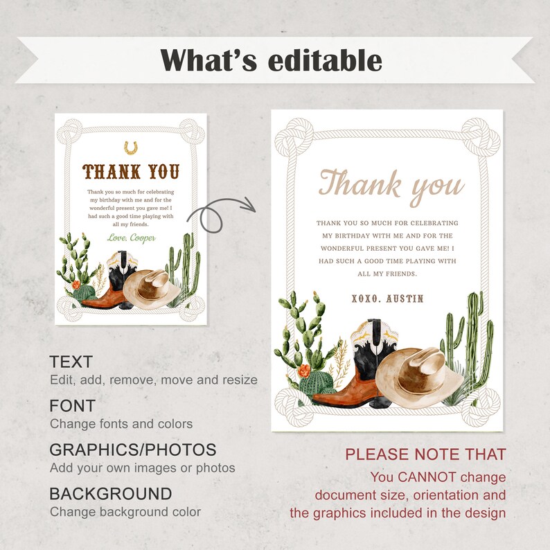 Editable Cowboy Birthday Thank You Card, Wild West Party Thank You Note ...