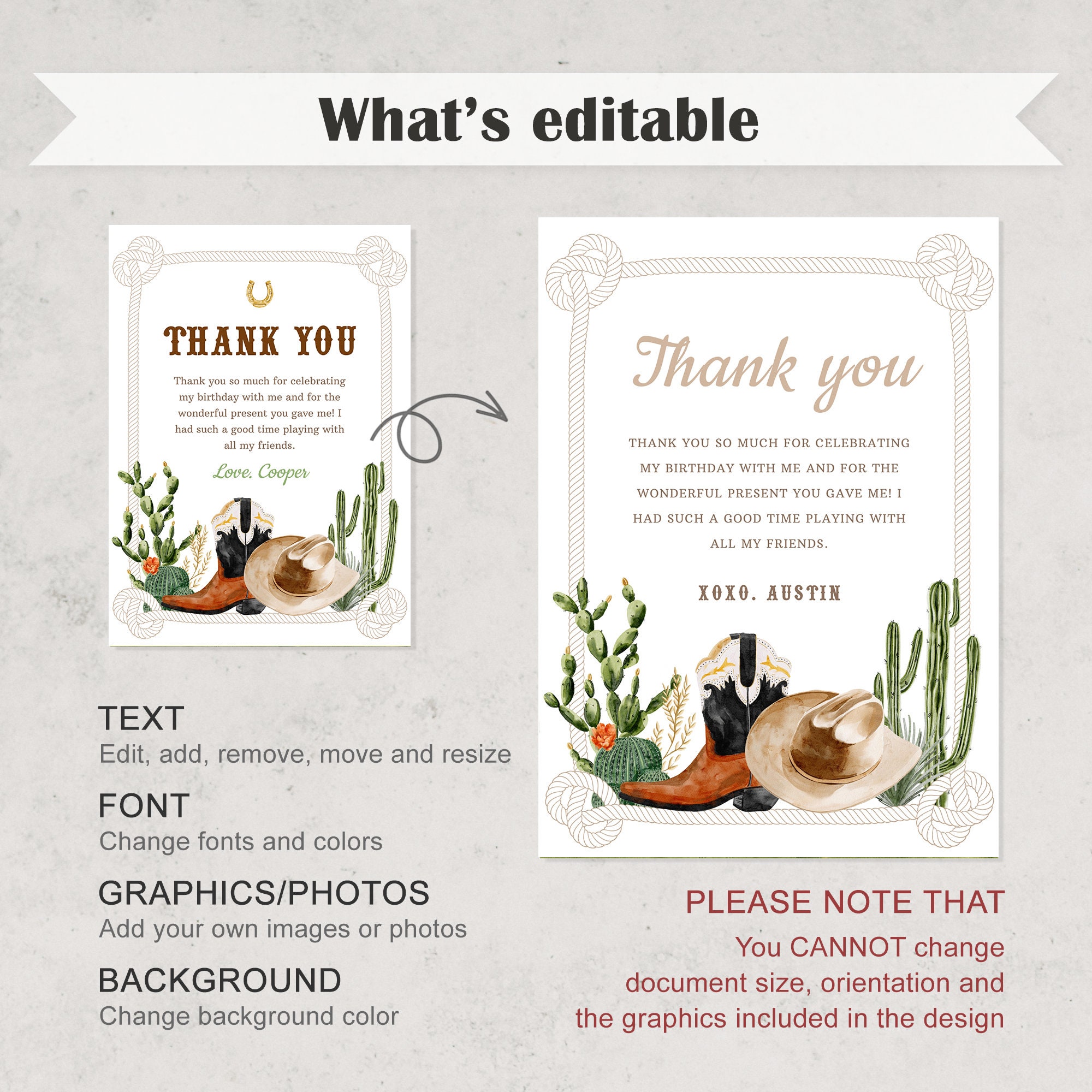 Editable Cowboy Birthday Thank You Card, Wild West Party Thank You Note ...