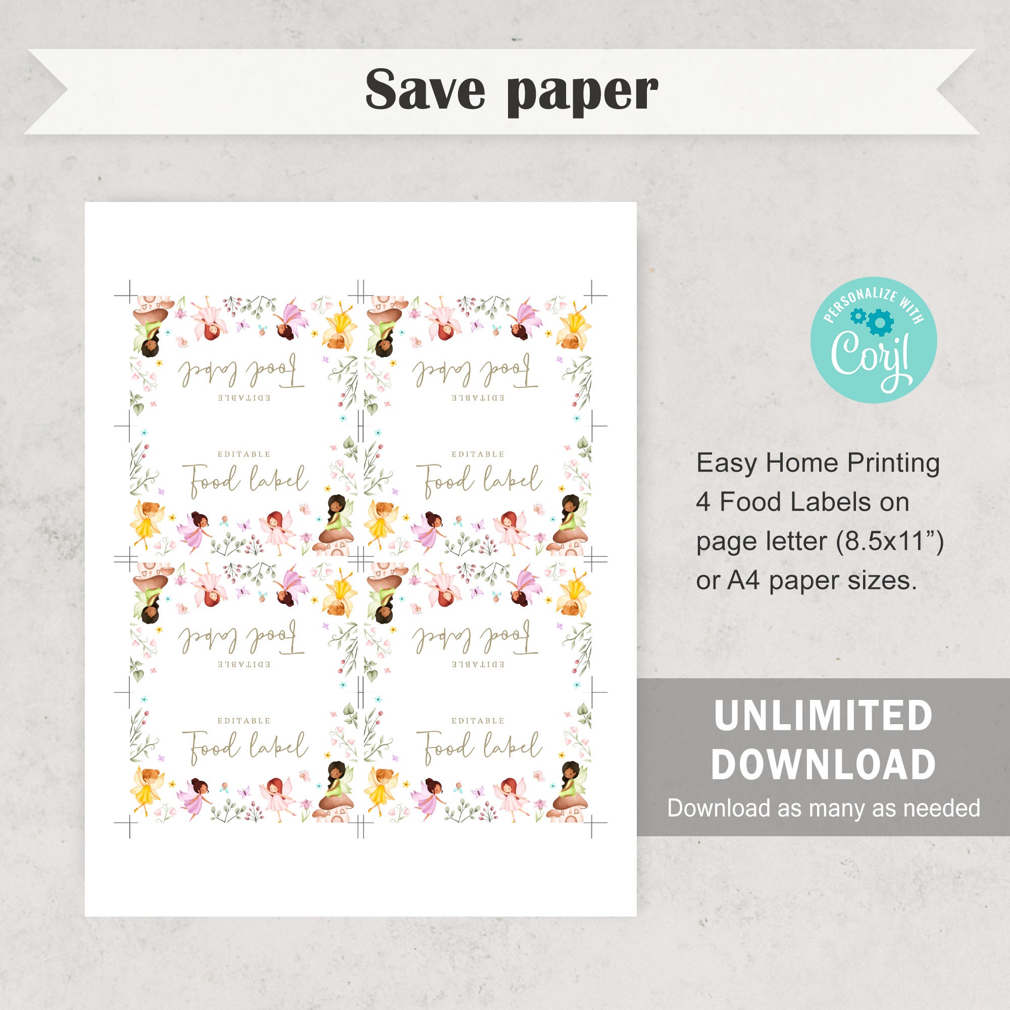 Editable Fairy Birthday Food Label, Magical Fairy Garden Folded Table ...