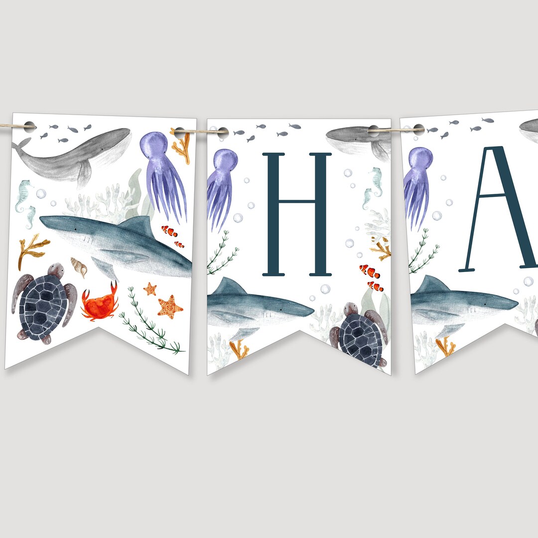 Editable Under the Sea Happy Birthday Banner, Ocean Animals Bunting ...