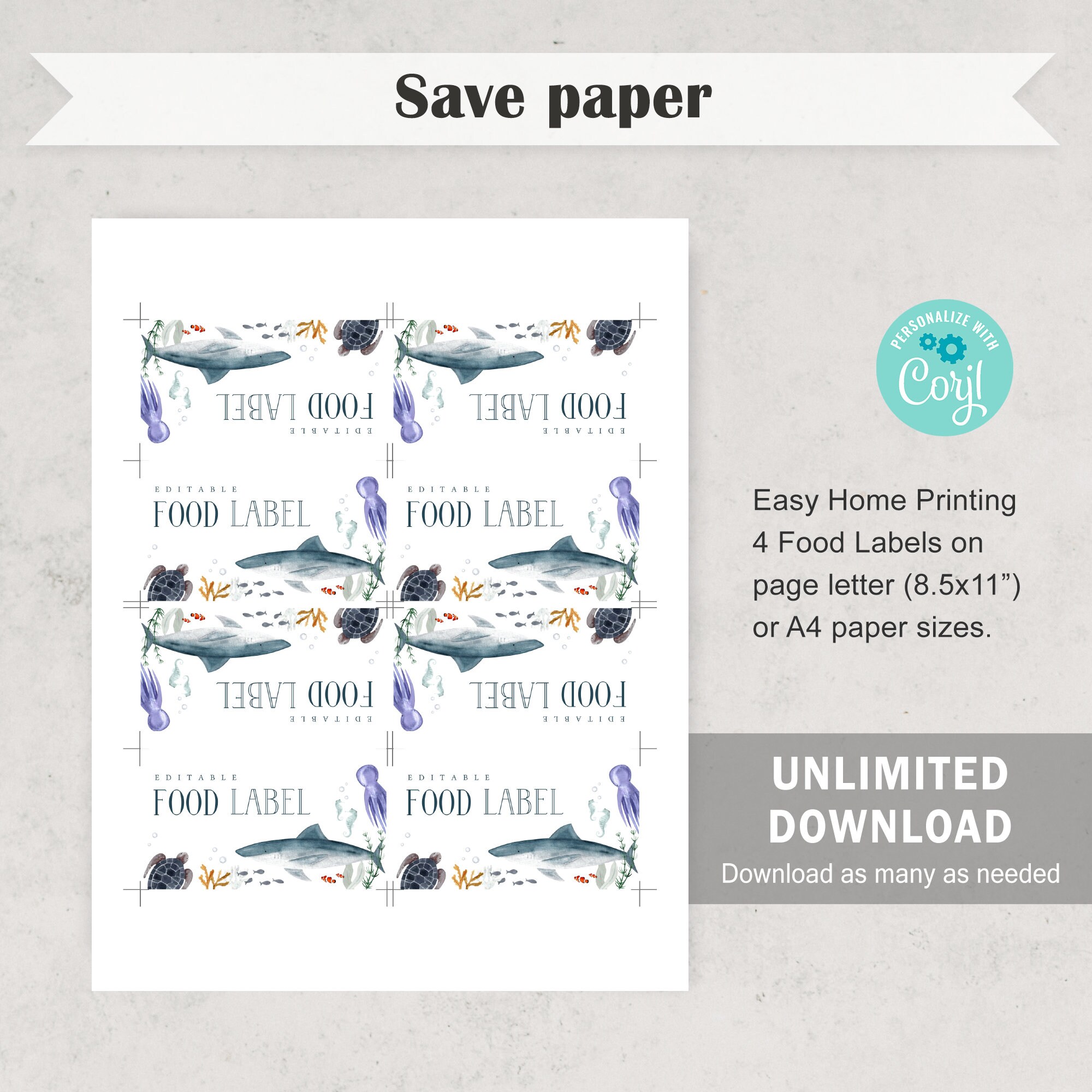 Editable Under the Sea Birthday Food Label, Sea Animals Folded Table ...