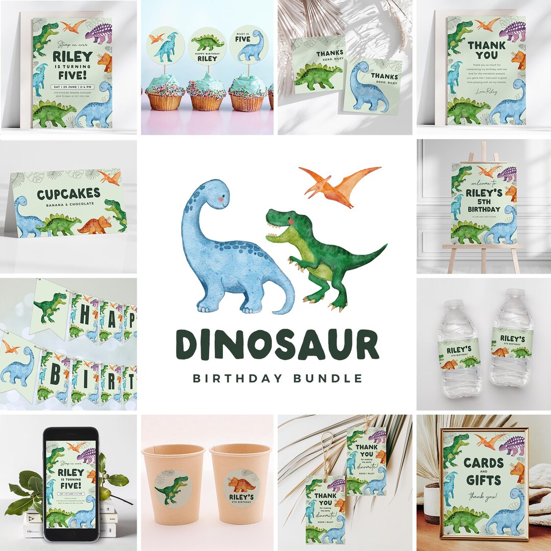 Editable Dinosaur Birthday Bundle, Modern Dino-mite Birthday Collection ...