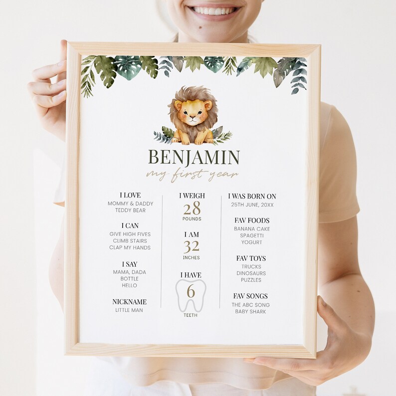 Editable Lion Birthday Milestone Sign, Lion First Year Poster, Wild One ...