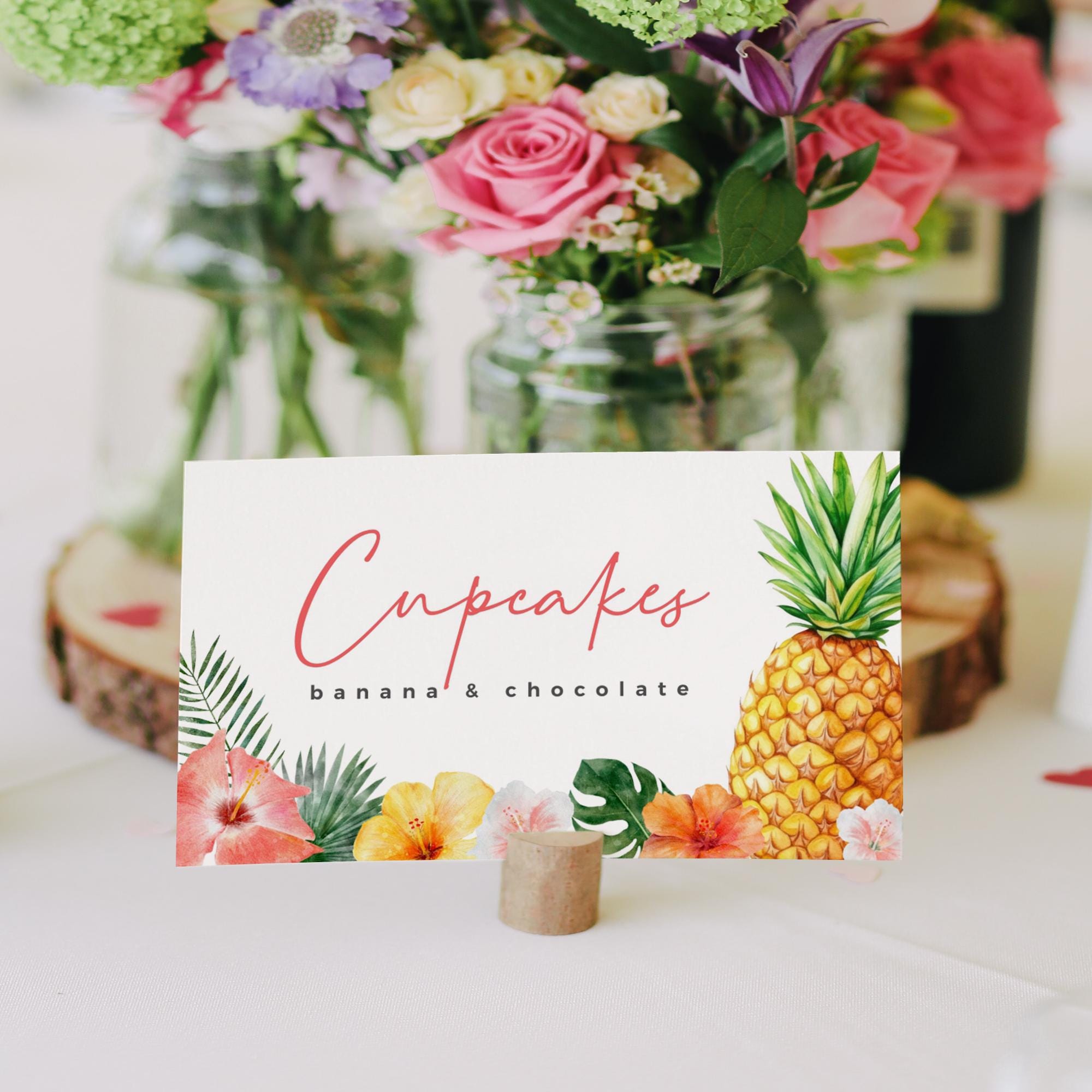 Tropical Summer Party Food Label, Hawaiian Party Folded Place Card ...
