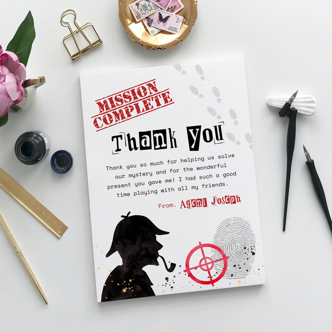 Editable Spy Birthday Thank You Card, Modern Secret Agent Party Thank ...