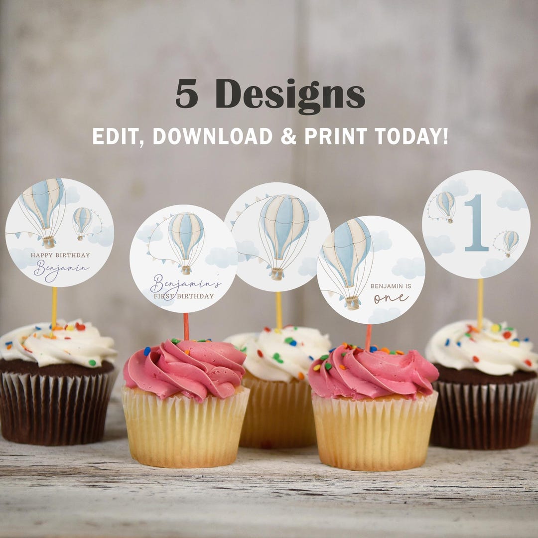 Hot Air Balloon Birthday Cupcake Toppers, Hot Air Balloon Toppers, Boy ...