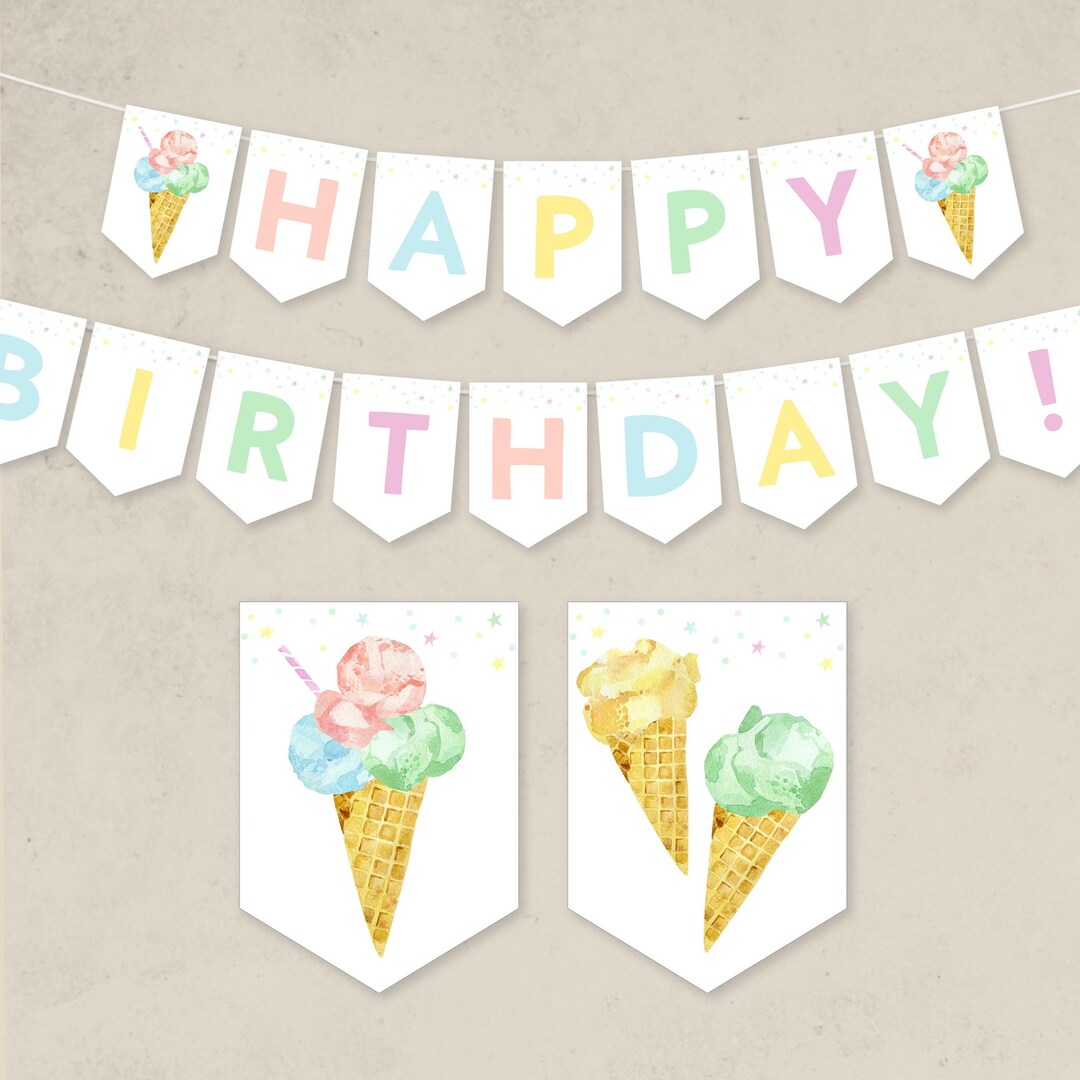 Ice Cream Happy Birthday Banner, Pastel Ice Cream Party Bunting Banner ...