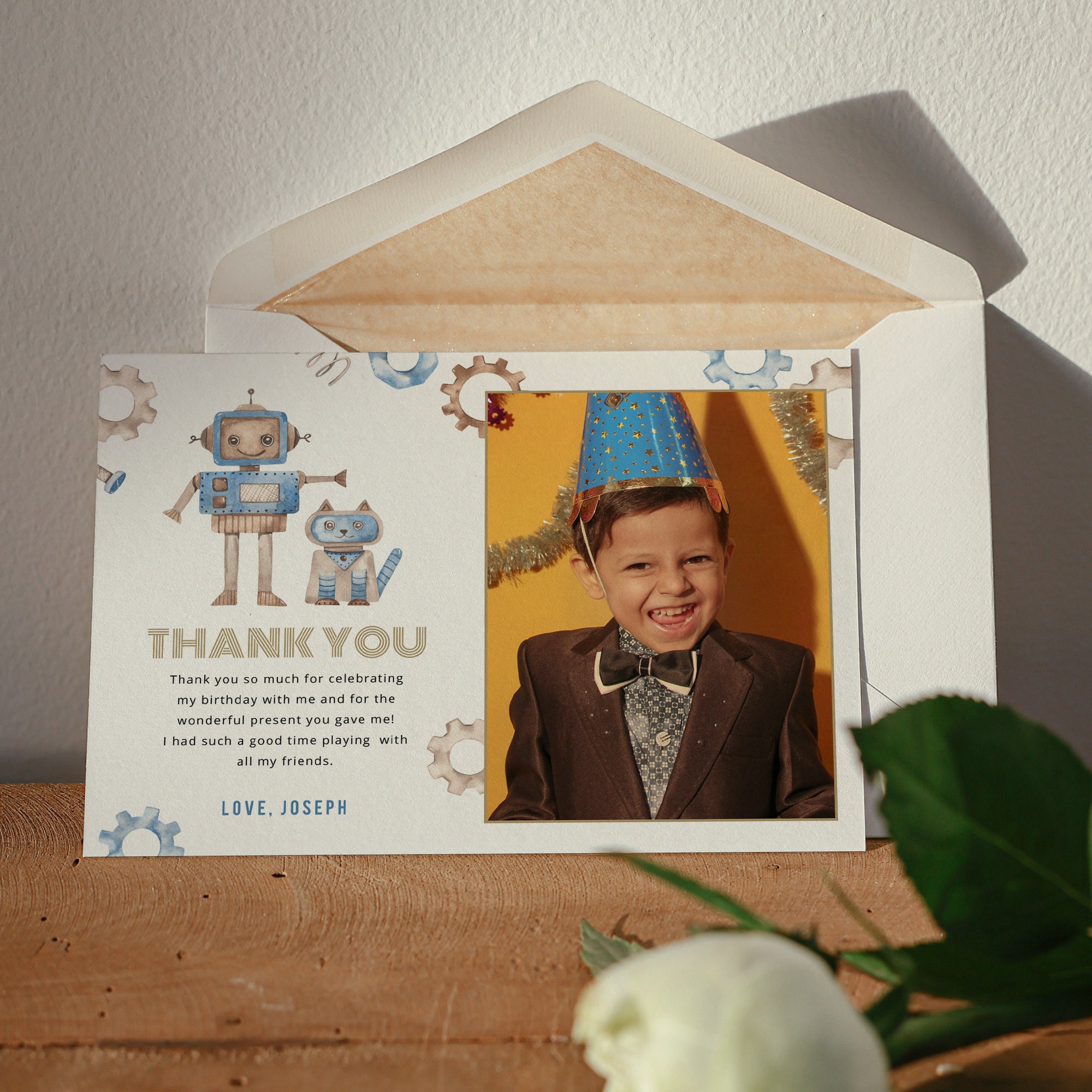 Editable Robot Birthday Thank You Card, Robot Thank You Note With Photo ...