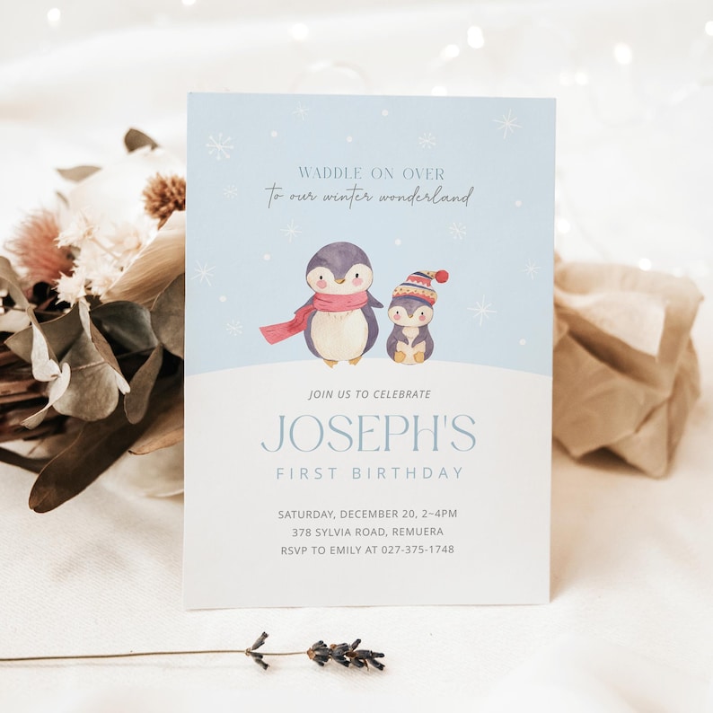 Penguin Birthday Invitation, Christmas Party Invite, Winter Birthday ...
