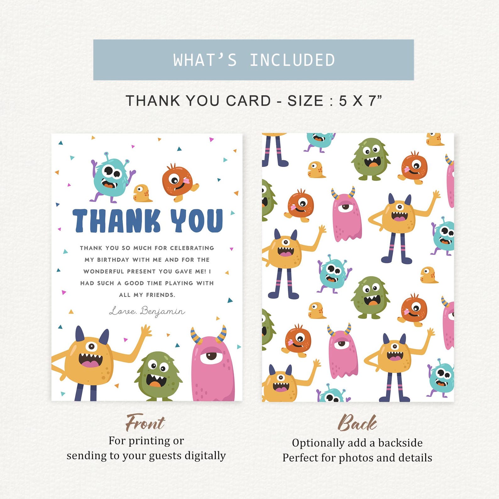 Monster Birthday Thank You Card, Little Monster Party Thank You Note ...