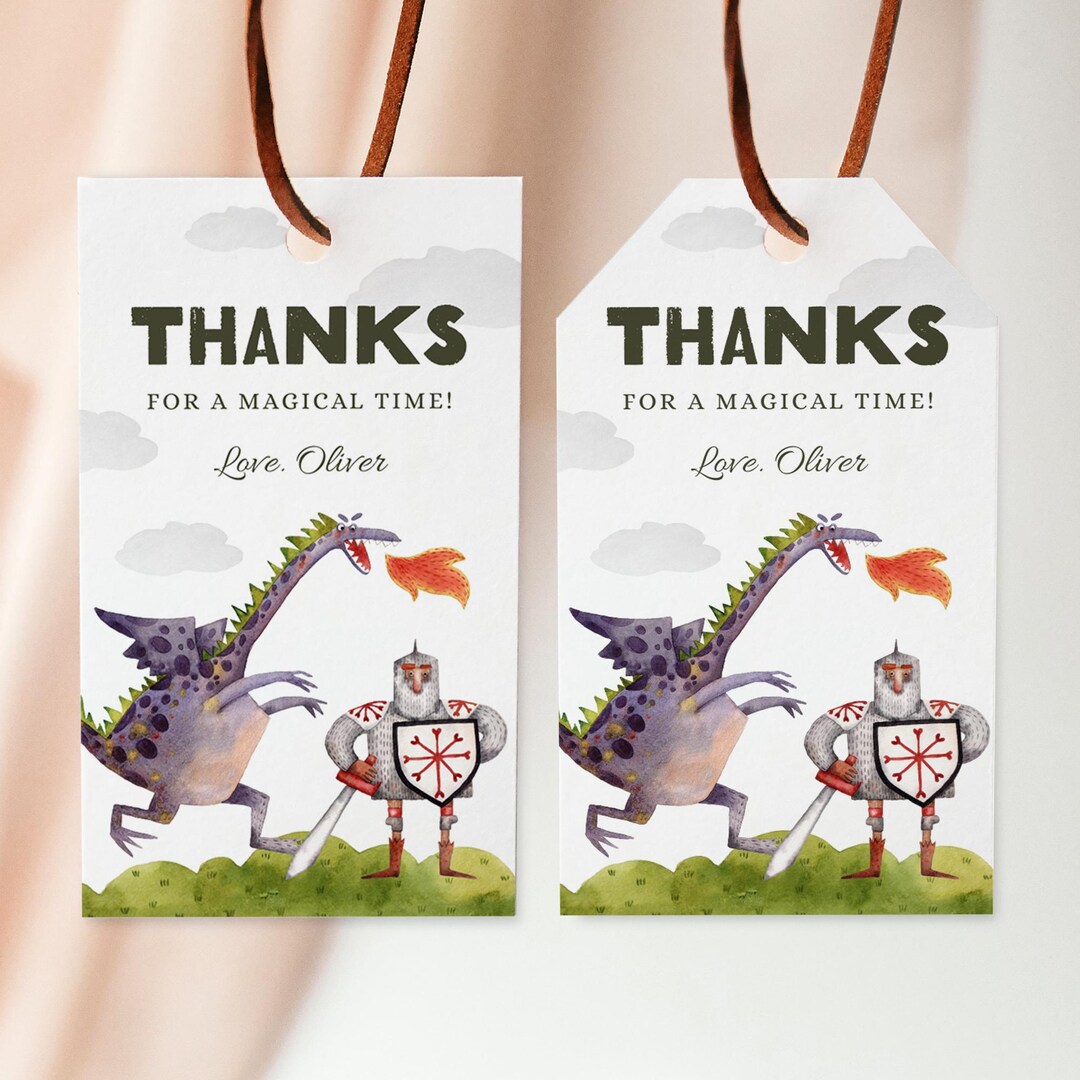Dragon Birthday Favor Tags, Dragon and Knight Birthday Gift Tags, Boy ...