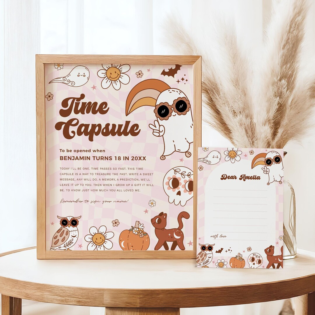 Retro Halloween Time Capsule Sign, Spooky One Party Message Card, Girl ...
