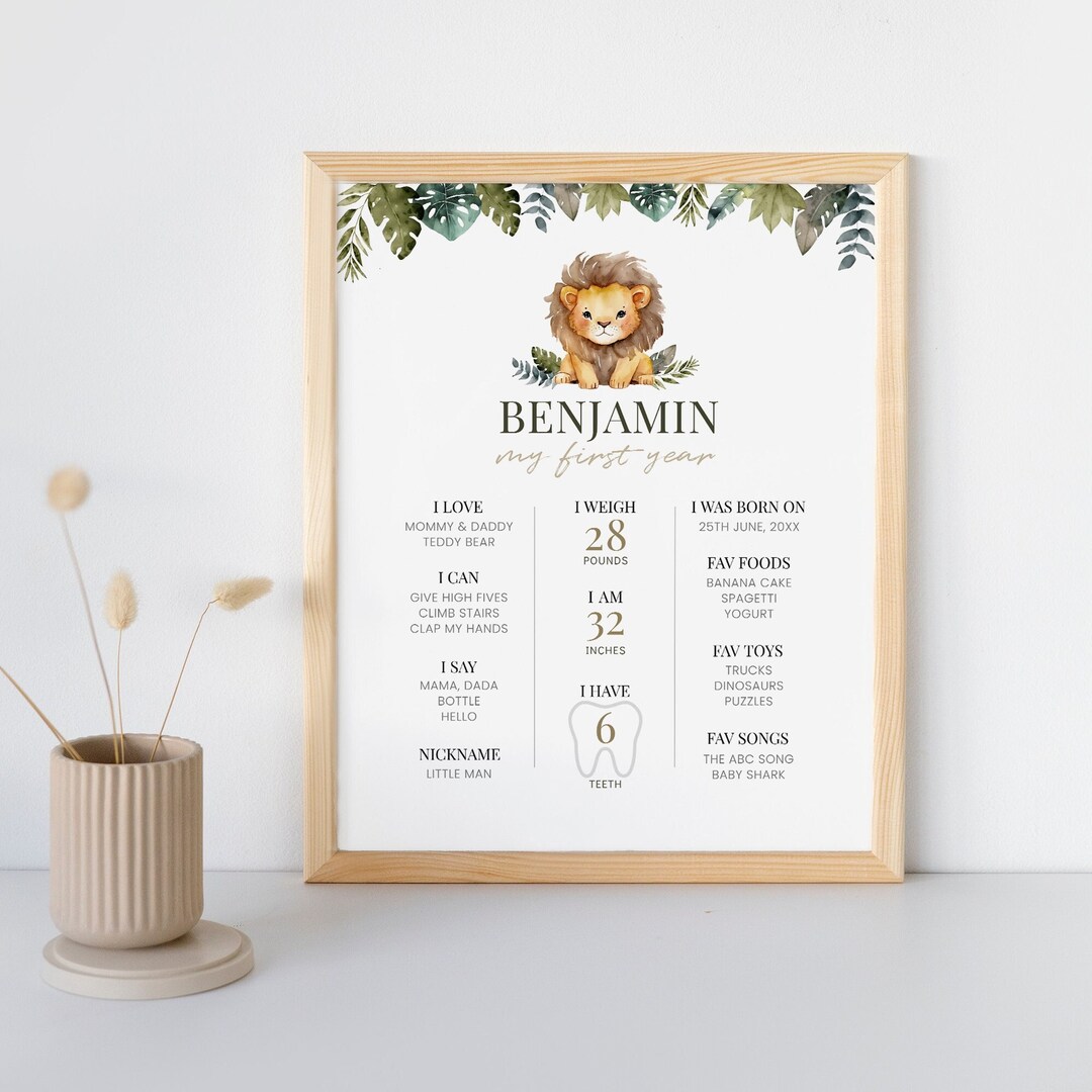 Editable Lion Birthday Milestone Sign, Lion First Year Poster, Wild One ...
