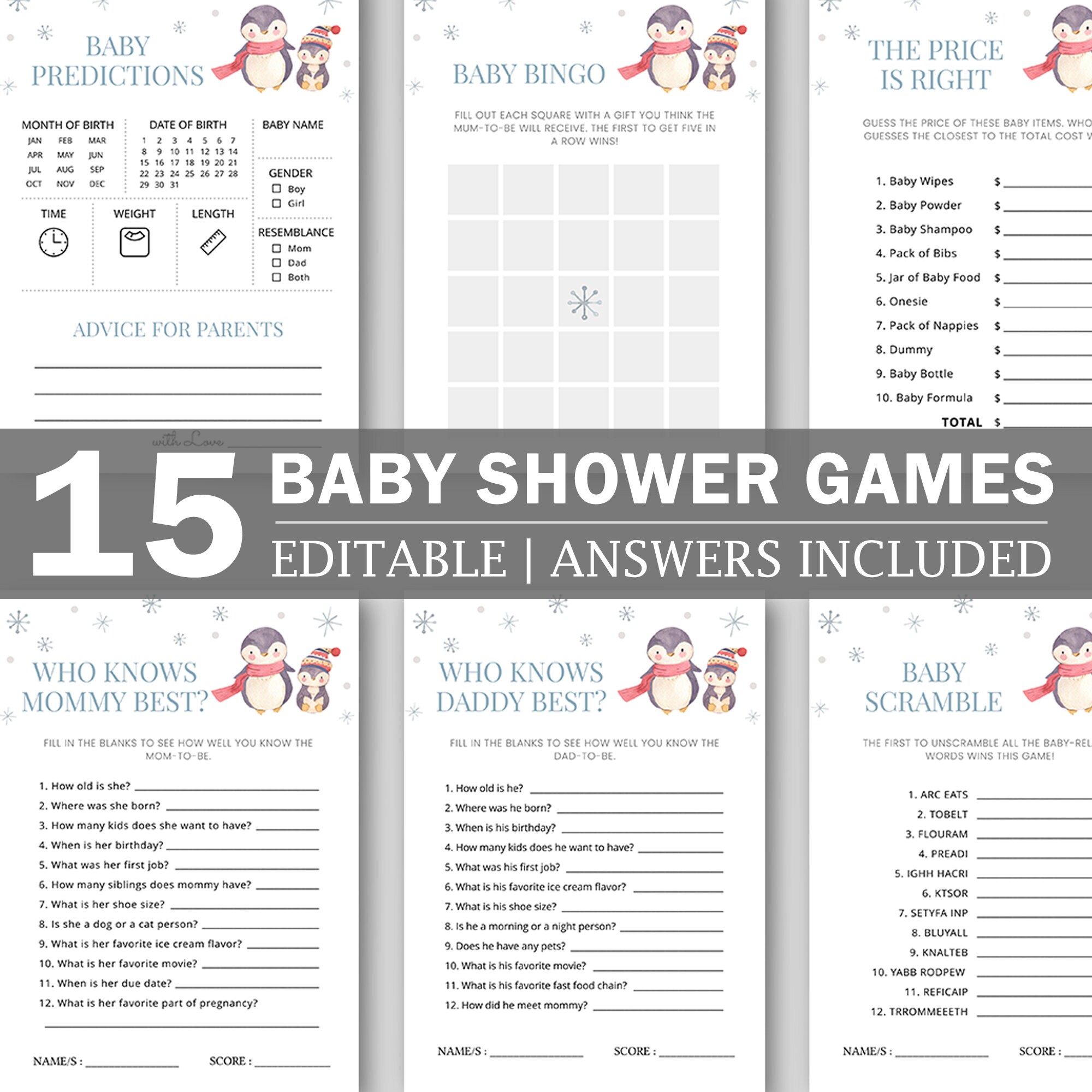 Editable Penguin Baby Shower Games Winter Party Game Bundle - Etsy