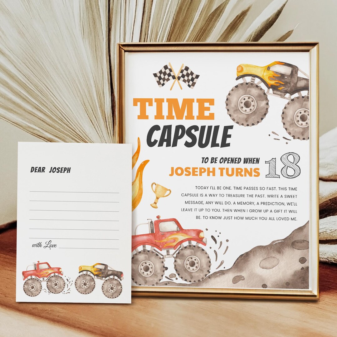 Editable Monster Truck Time Capsule Sign, Matching Message Cards, Boy ...