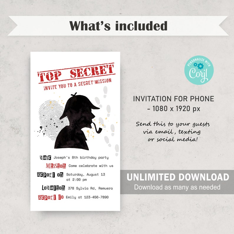 Editable Spy Birthday E-invitation, Modern Secret Agent Party Invite ...