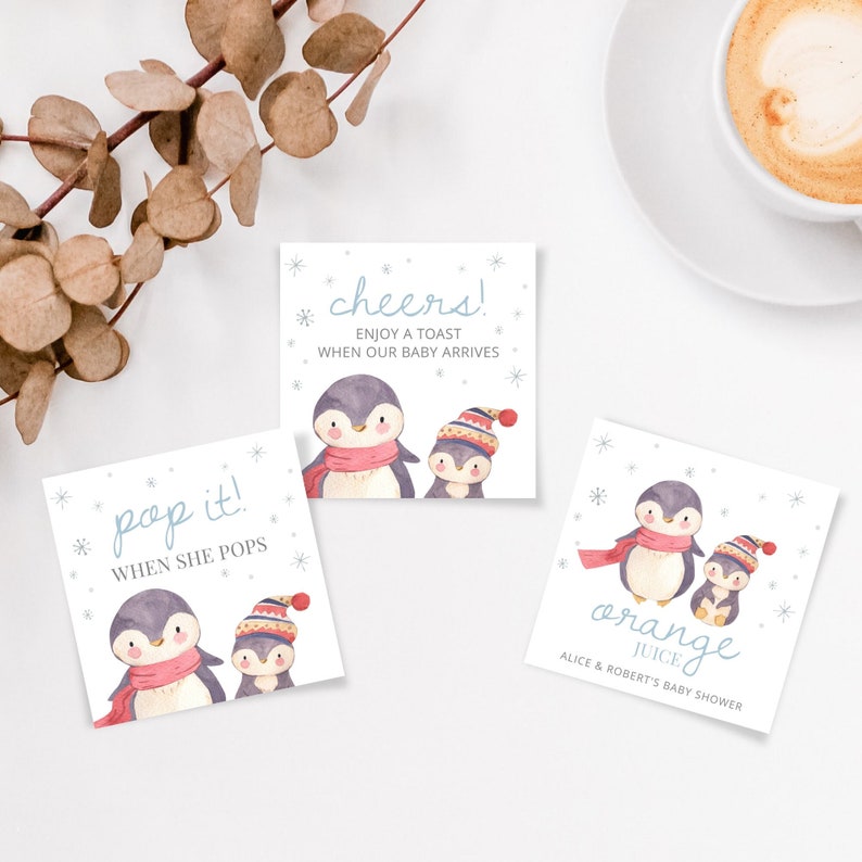 Editable Penguin Baby Shower Bottle Tags Champagne Wine Juice - Etsy