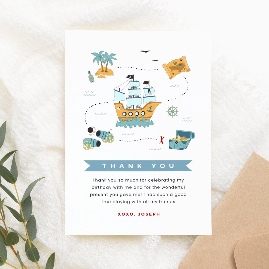 Editable Pirate Birthday Thank You Card, Treasure Map Thank You Note ...